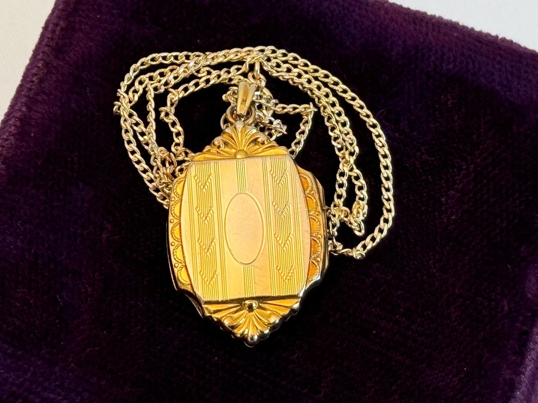 Vintage Gold Filled Locket: Shield Cartouche, Floral Etched Pendant - Etsy
