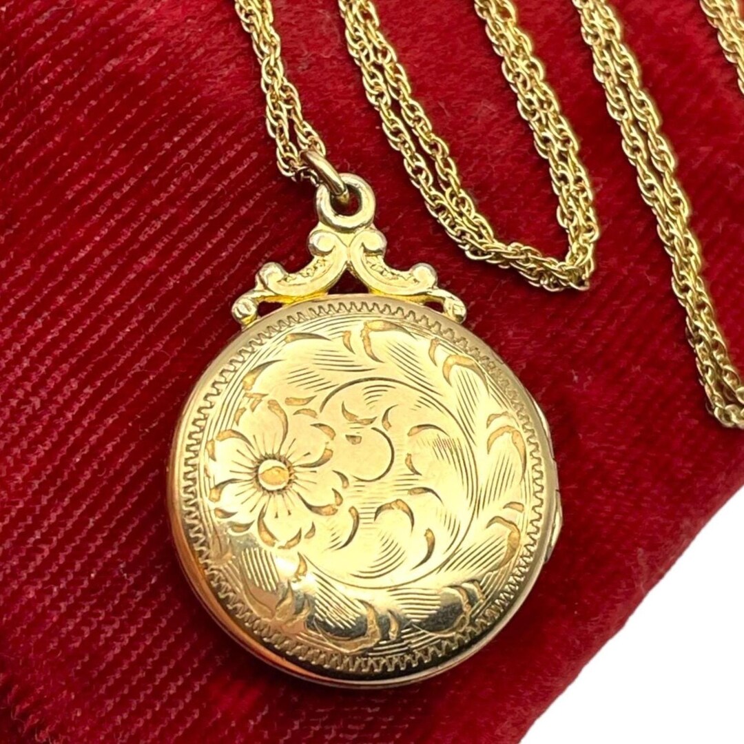Vintage Birks Locket Necklace - Round Gold Filled Charm With Etched ...