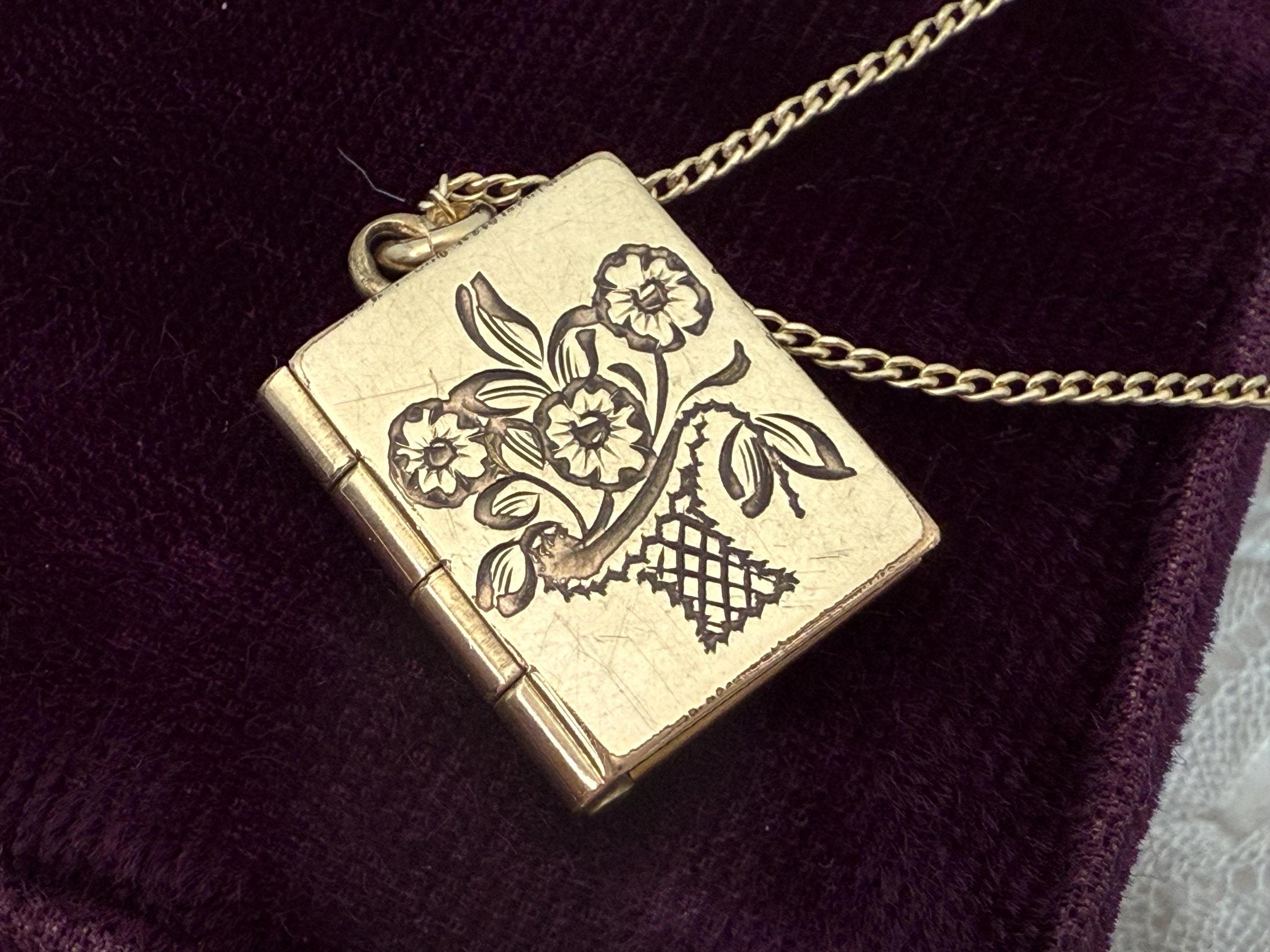 Vintage 12K Gold Filled Book Locket Necklace: Etched Flowers in Basket ...