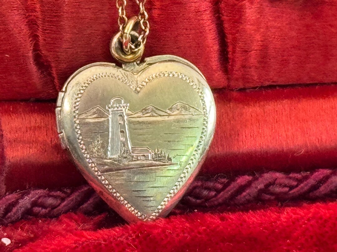 Vintage Vermeil Etched Lighthouse Heart Locket Necklace - Sweetheart ...