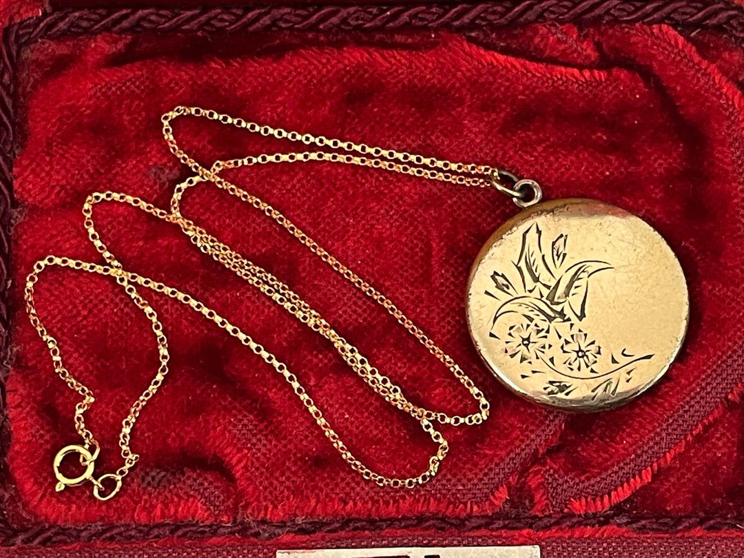 Antique Gold Filled Round Locket Necklace W/ Etched Flower / Floral ...