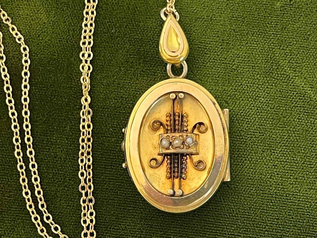 Antique Etruscan Revival Locket: 14K Gold Filled Chain, Seed Pearls ...