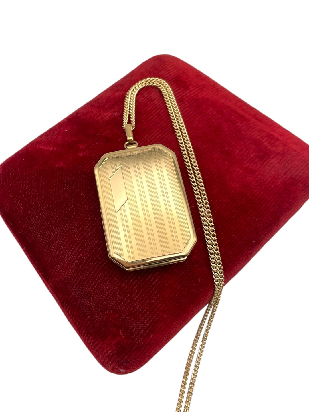 LARGE Vintage Rectangle Gold Filled Locket - 12K GF Necklace Pinstripes ...
