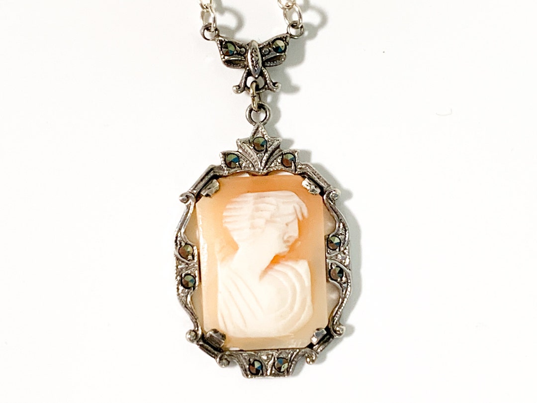 Antique Sterling Silver Cameo Pendant - Ornate Victorian Necklace W ...