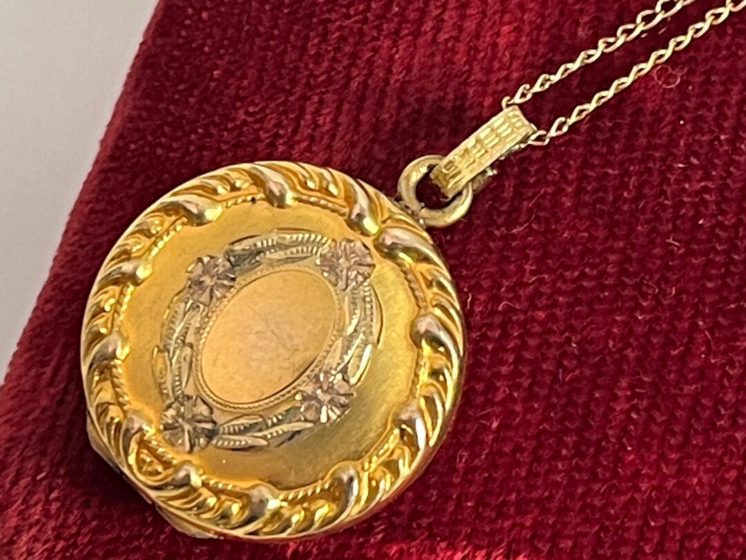 Vintage 10K Gold Filled Round Locket Necklace FM Company - Small Etched ...