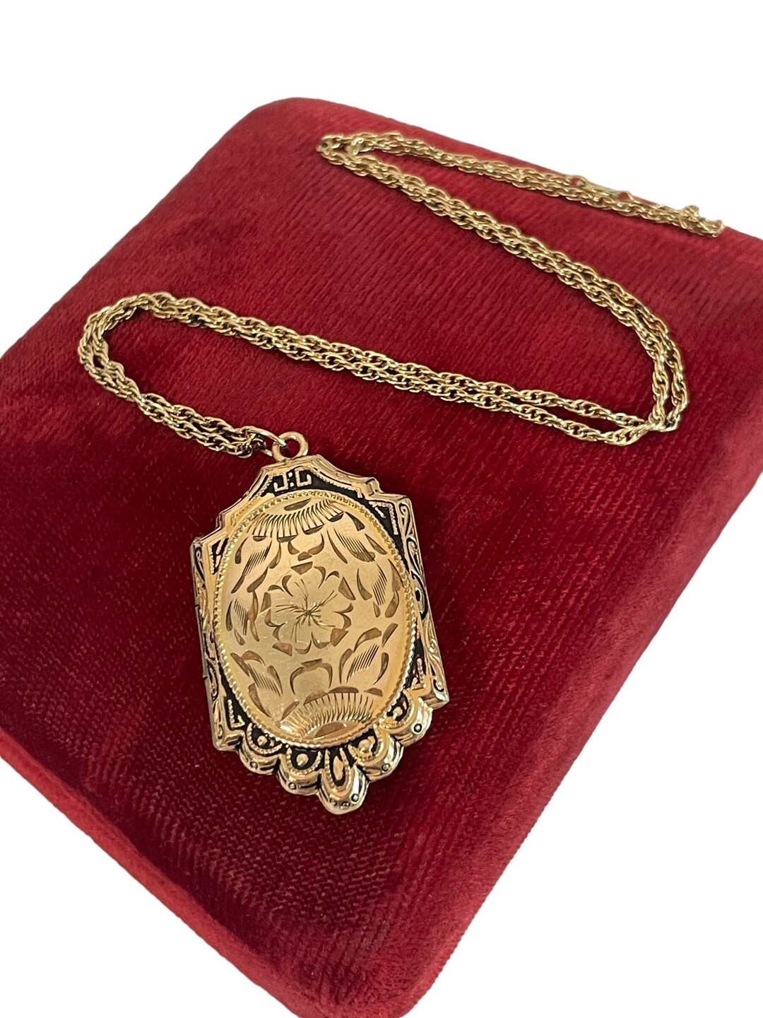 Antique 12K Gold Filled Etched Black Enamel Locket Necklace - 12K GF ...