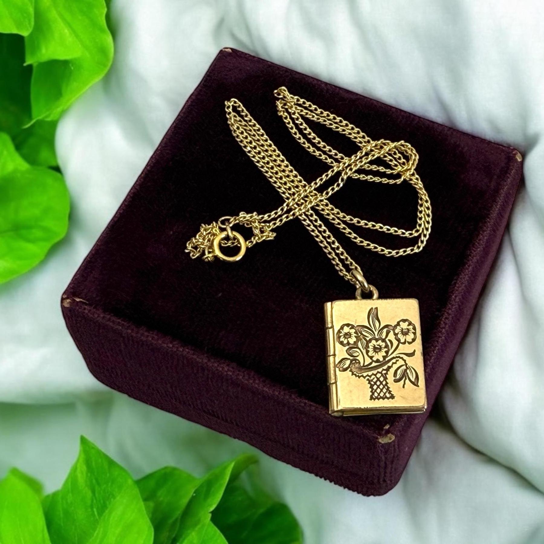 Vintage 12K Gold Filled Book Locket Necklace: Etched Flowers in Basket ...