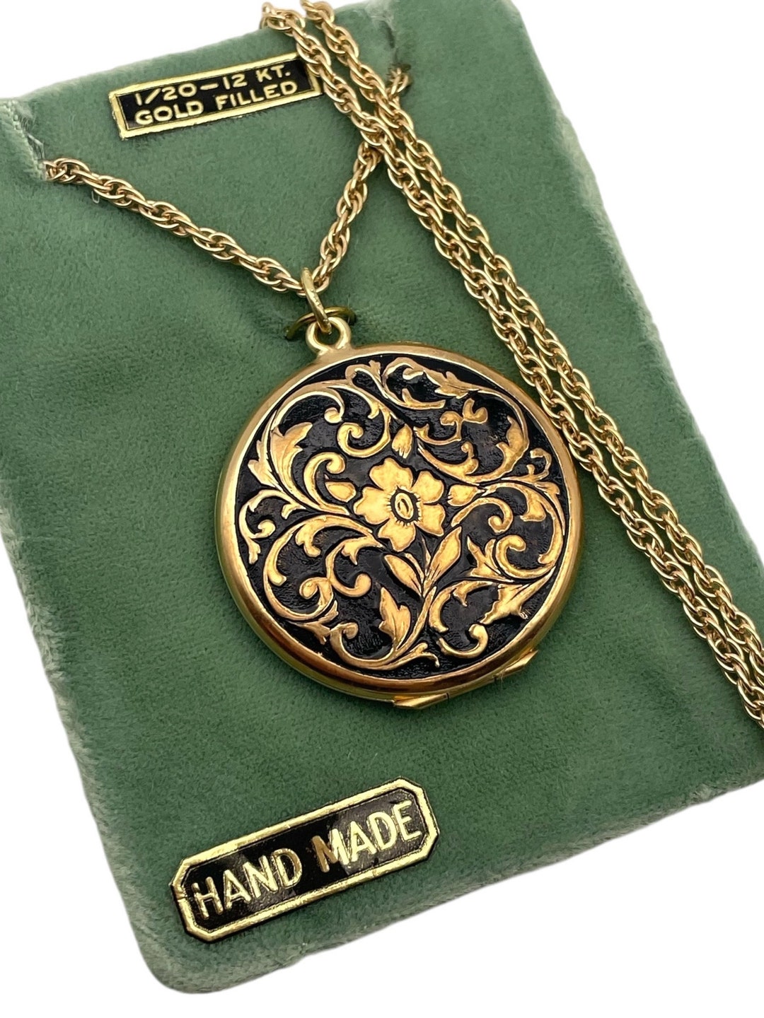 Vintage Gold Filled Round Locket - New Old Stock 12K GF Niello Floral ...