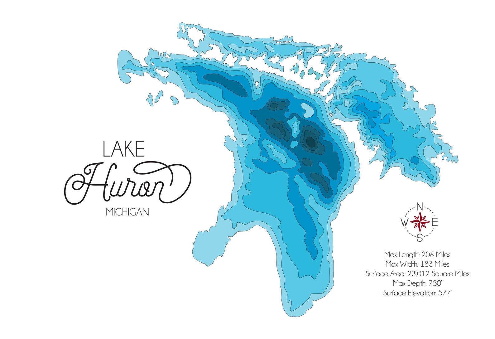 Lake Huron Great Lakes Modern Bathymetric Map Topographic - Etsy