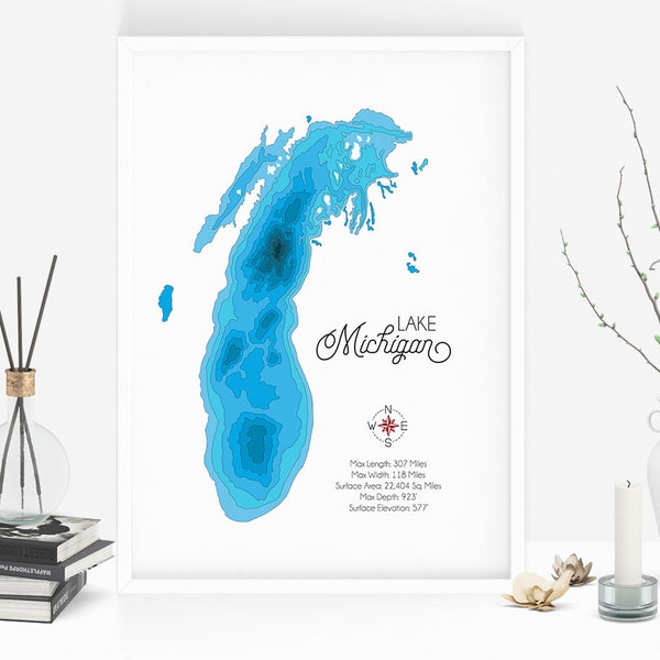 Topographic Map of Lake Michigan - Etsy