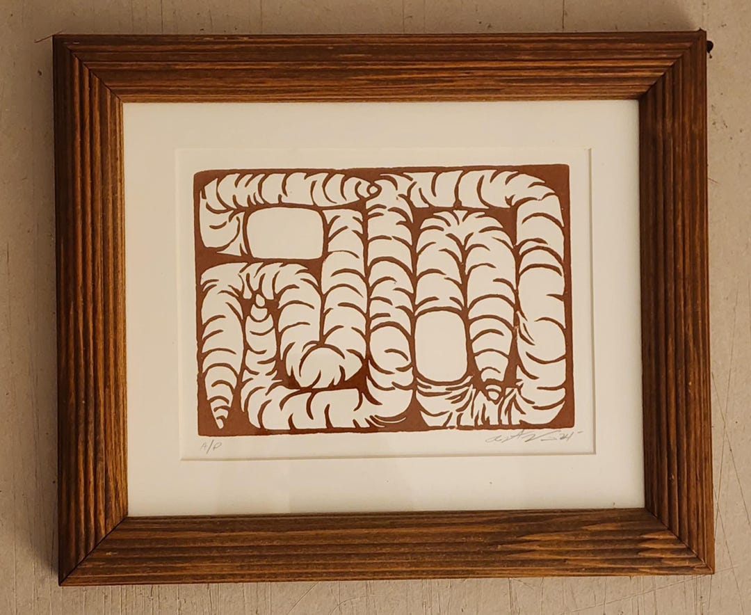Two Worms - Linocut Linoleum Block Print Matted and Vintage Wood Frame ...