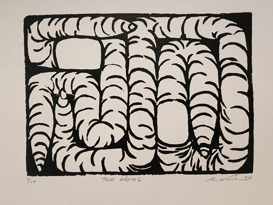 Two Worms - Linocut Linoleum Block Print by Robert Viana July 2024 - Etsy