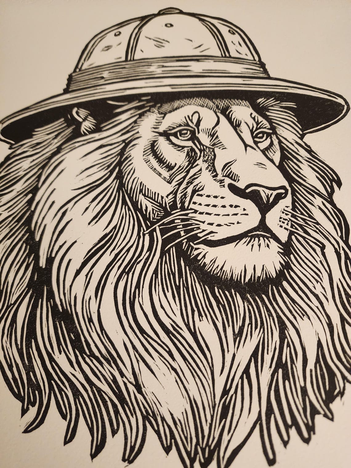 Linocut Hand Pulled Print Lion Safari Hat Titled "mufasa" 2 Unframed - Etsy