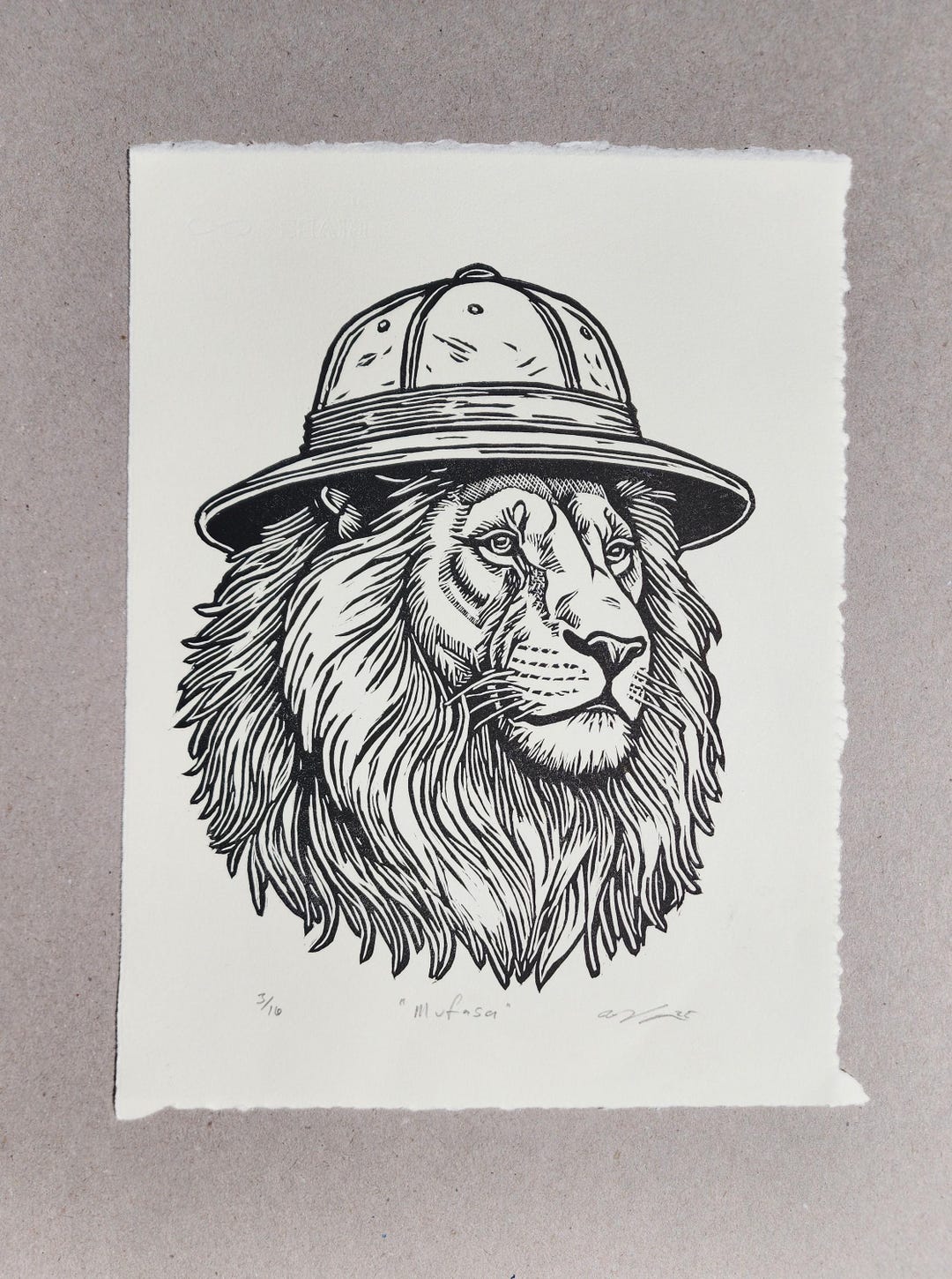 Linocut Hand Pulled Print Lion Safari Hat Titled "mufasa" 2 Unframed - Etsy