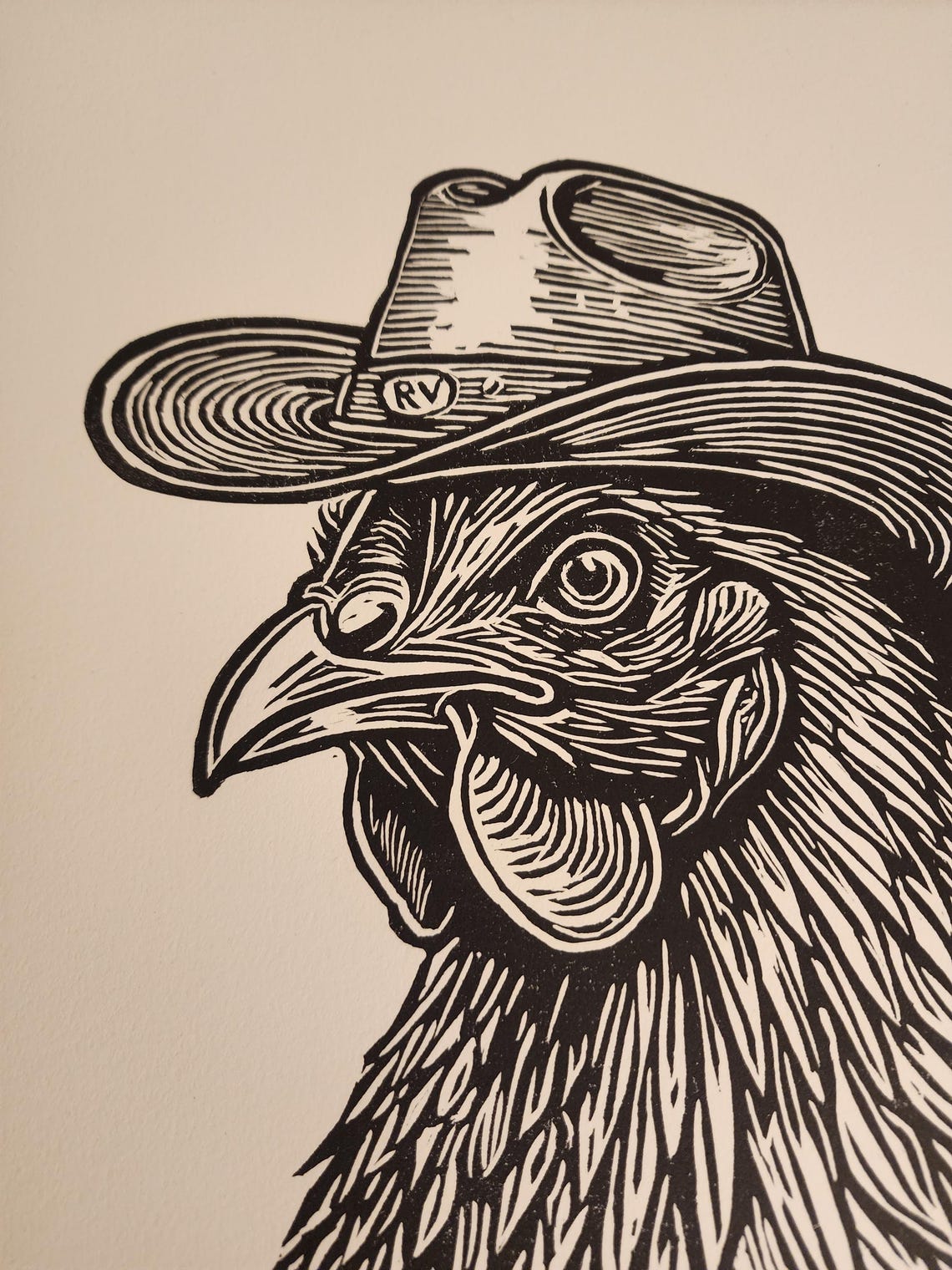 Linocut Hand Pulled Print Chicken Cowboy Titled "howdy" Unframed - Etsy