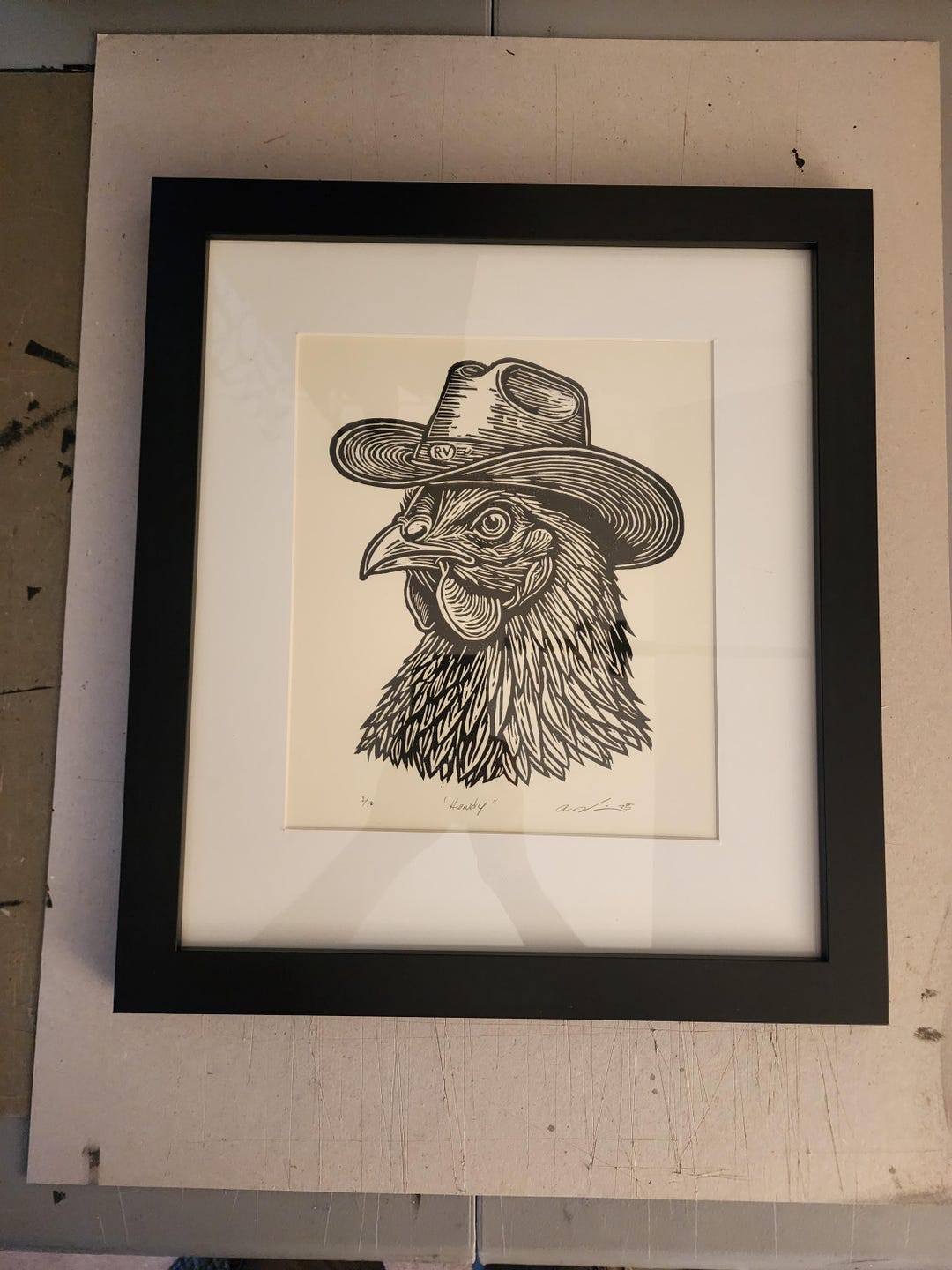 Linocut Hand Pulled Print Chicken Cowboy Titled "howdy" Framed - Etsy