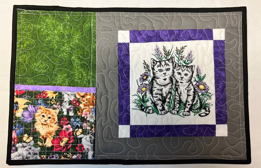 Quilted Mug Rug, Embroidered Mug Rug, Handmade Mug Rug, Kitty Mug Rug ...