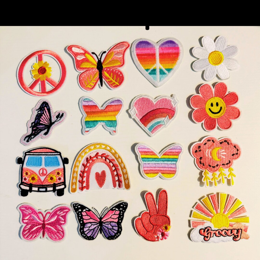 16 Iron-on Hippie Patches. Peace Sign, Butterflies, Heart, Van, Groovy ...