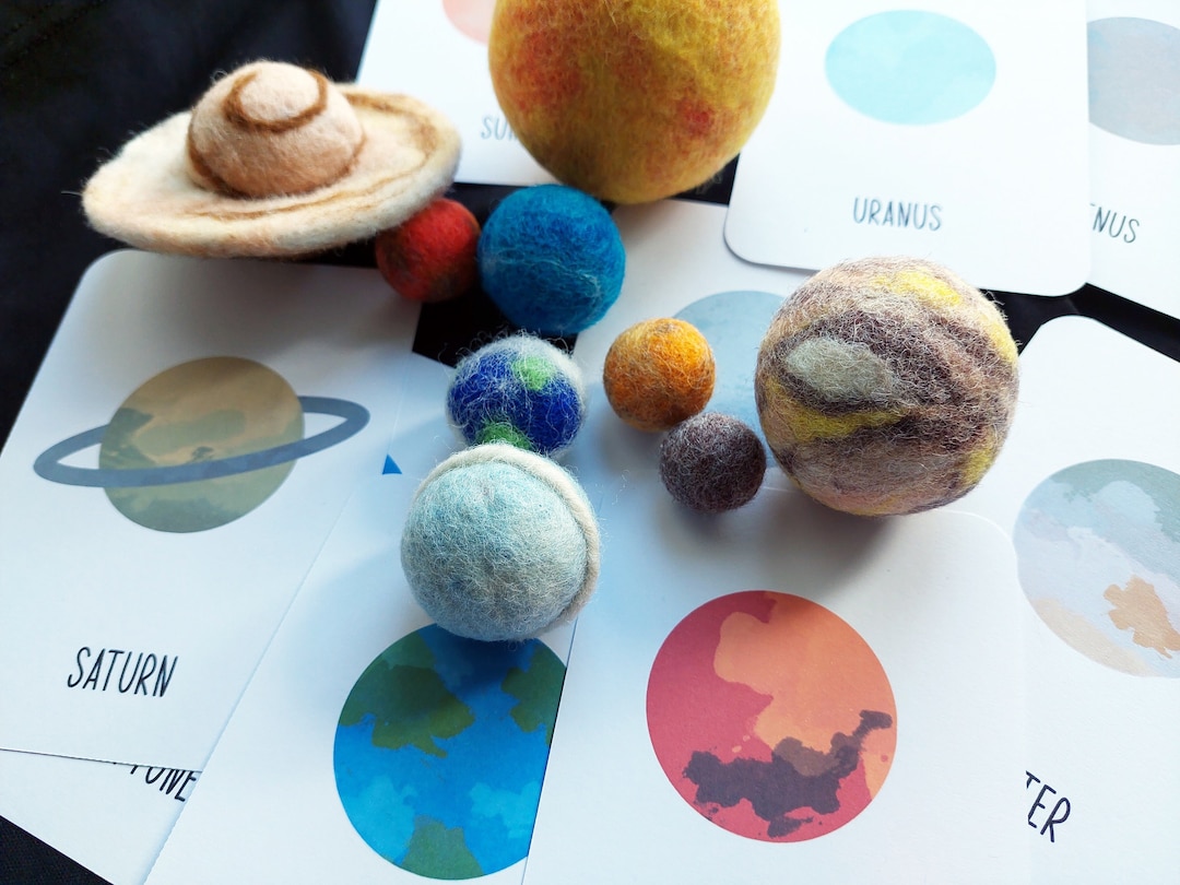 Set of Needle Felted Planets With Flashcards, Wool Sun and Planets ...