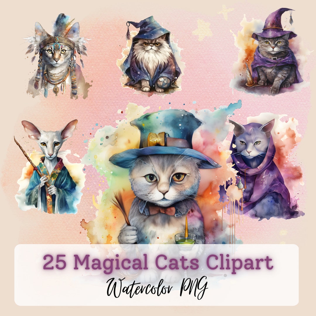 Magical Cats Watercolor Clipart 25 Transparent PNG Files. Witchy and ...