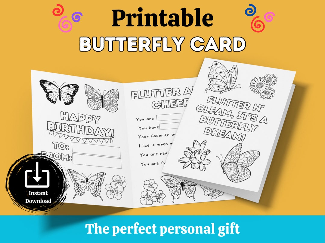 Happy Butterfly Birthday: Printable Coloring Card. Fill-in-the-blanks ...
