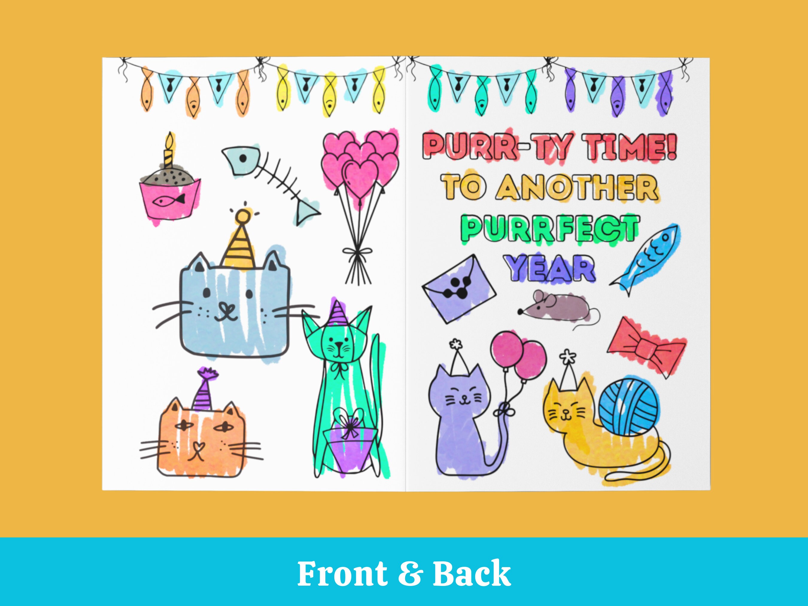 Happy Birthday Cat Card: Printable Coloring Card. Fill-in-the-blanks ...