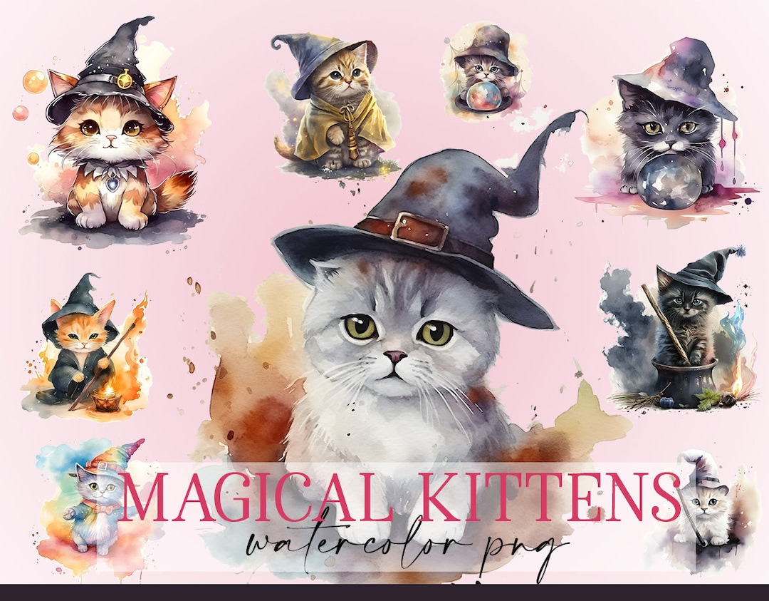 Magical Kittens Watercolor Clipart 25 Transparent PNG Files - Etsy