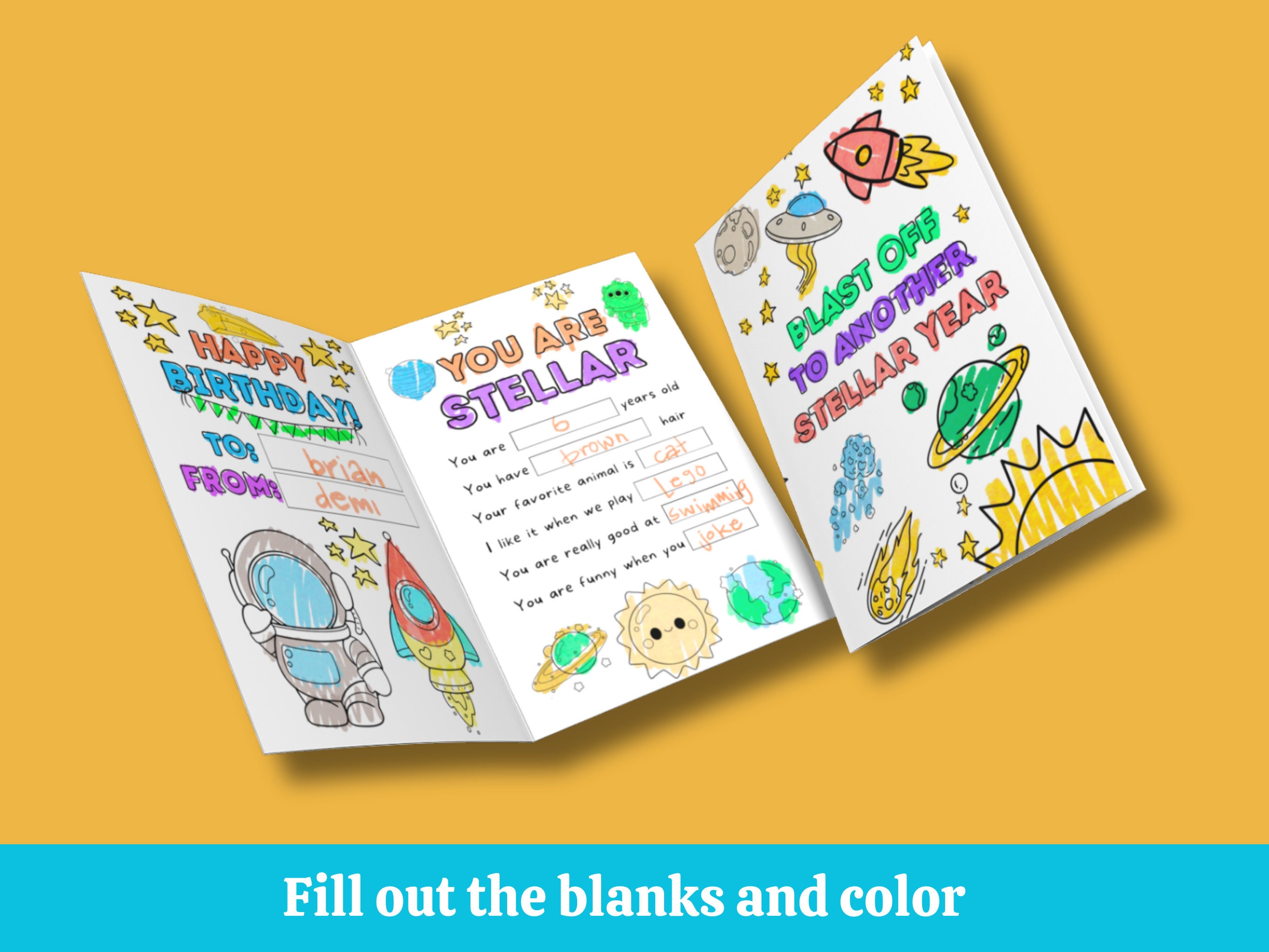 Happy Birthday in Space: Printable Coloring Card. Fill-in-the-blanks ...