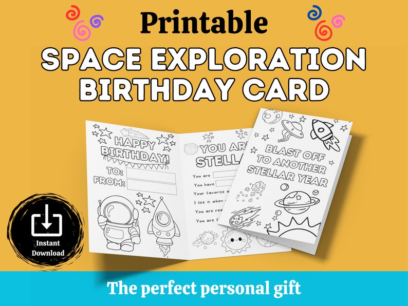 Happy Birthday in Space: Printable Coloring Card. Fill-in-the-blanks ...