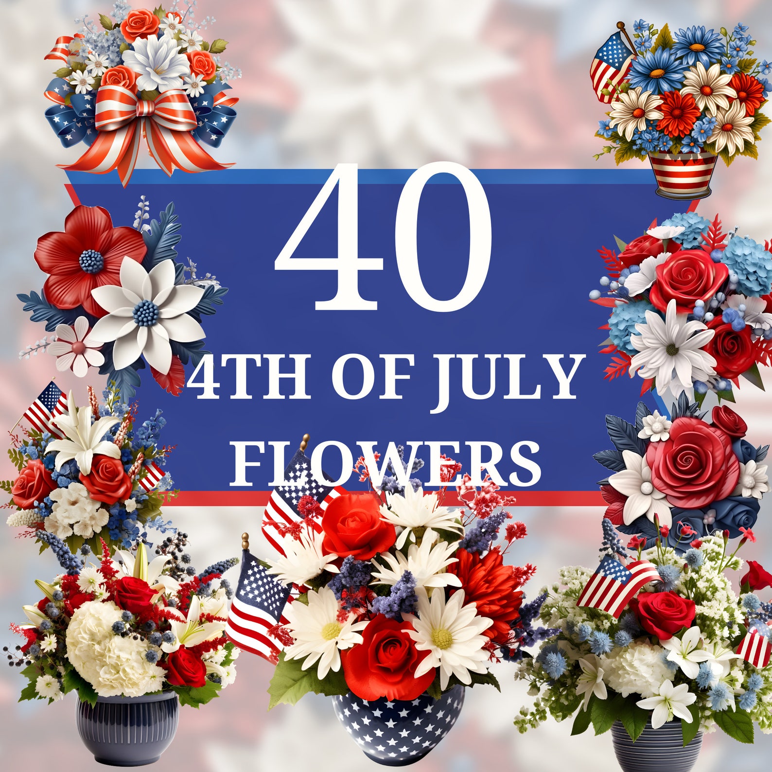 Patriotic 4th of July Flower Clipart (40 Transparent PNG). USA Themed ...