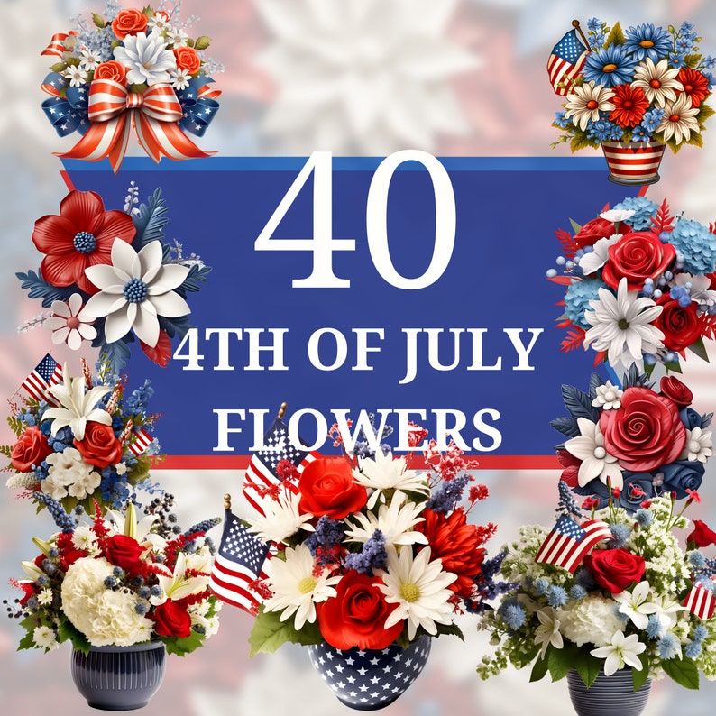 Patriotic 4th of July Flower Clipart 40 Transparent PNG. USA Themed for ...