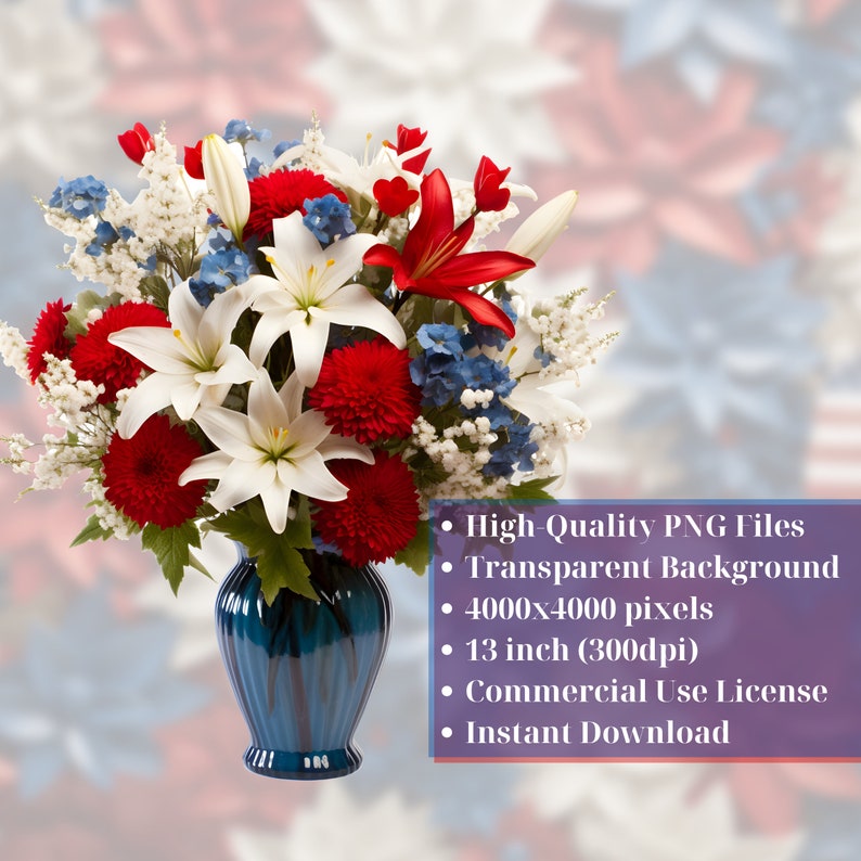 Patriotic 4th of July Flower Clipart 40 Transparent PNG. USA Themed for ...