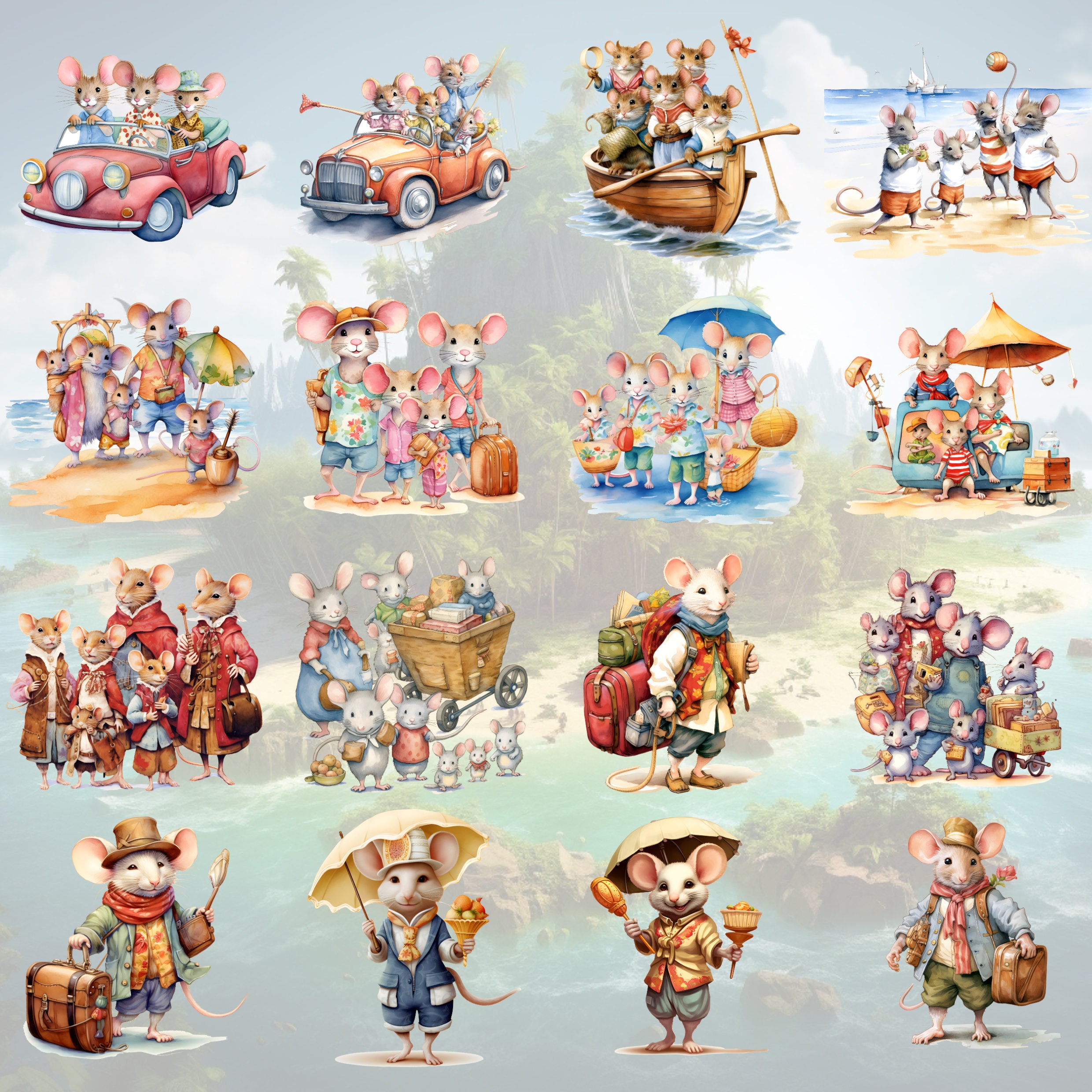 Travel and Vacation Mice Clipart 40 Transparent PNG Files. Cute Fantasy Mice Characters Perfect ...