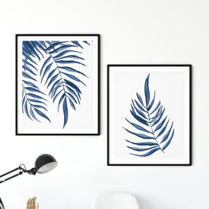 Navy Blue Wall Art, Palm Tree Print, Leaf Print, Set of Two Prints ...