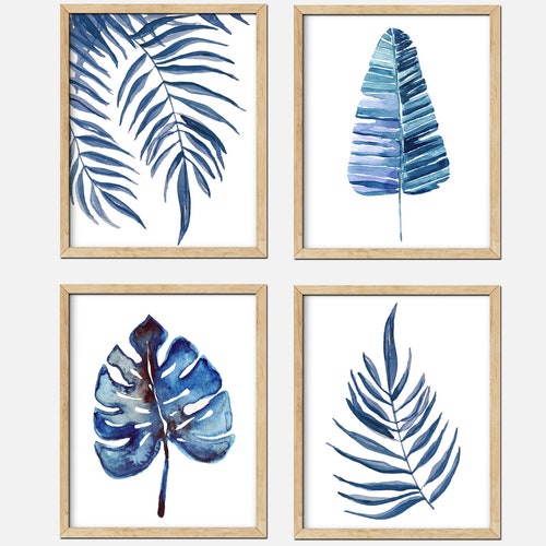 Leaf Print Blue Leaves Printable Wall Art Watercolor Leaves - Etsy