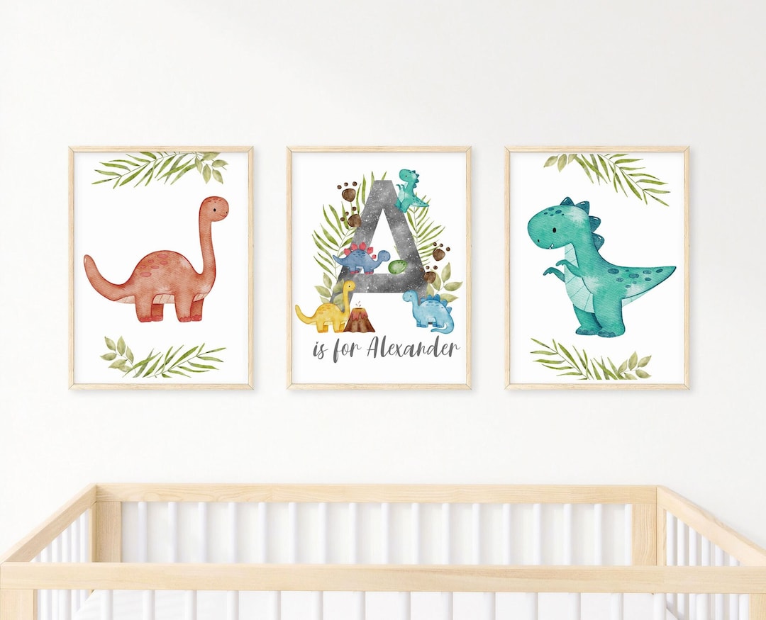 Dinosaur Wall Art, Baby Name Initial Print, Boy Nursery Decor, Set of 3 ...