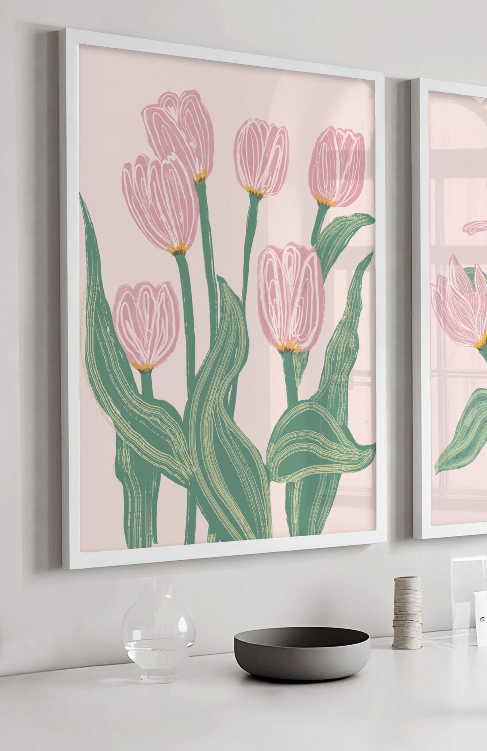 Tulip Print, Floral Pink and Green Poster, Boho Abstract Wall Art ...