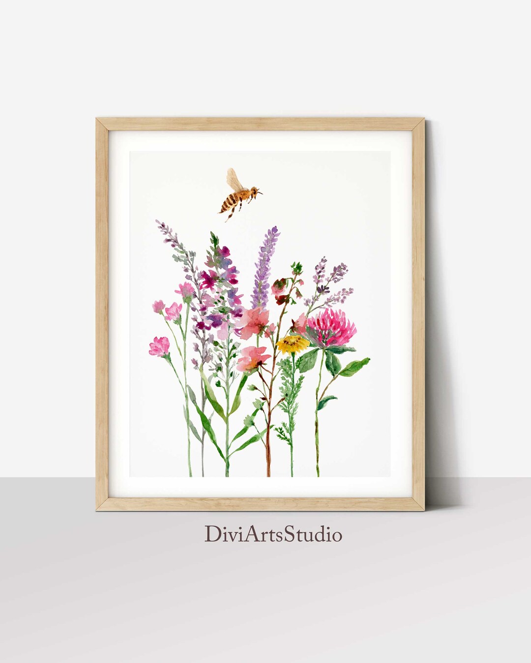 Wildflowers Bee Art Print, Lavender Honeybee Wall Art, Wildflowers Wall ...