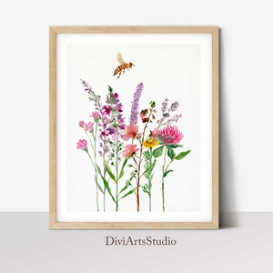 Wildflowers Bee Art Print, Lavender Honeybee Wall Art, Wildflowers Wall ...