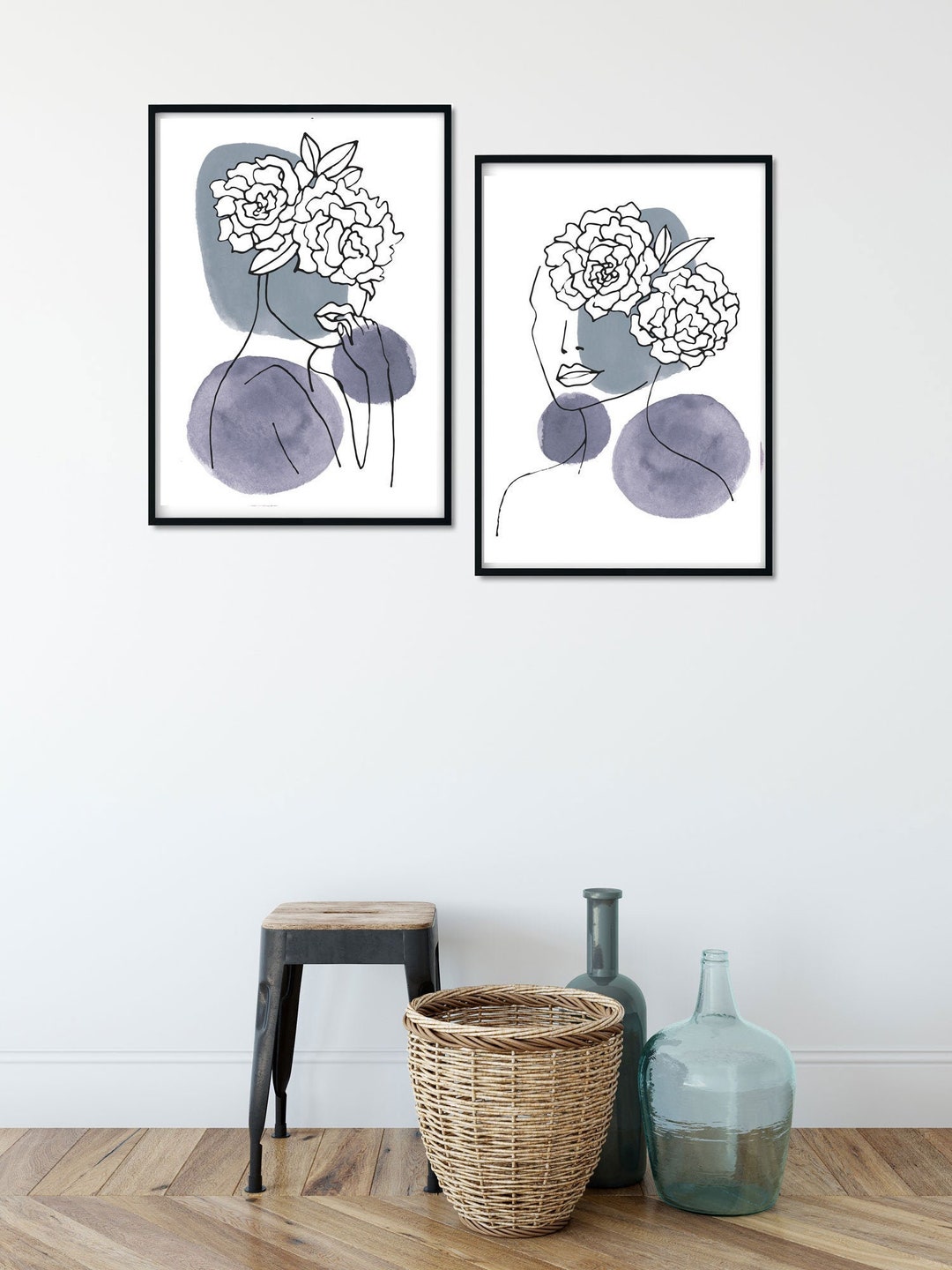 Women With Head of Flowers Print, Set of 2 Abstract Print, Blue Female ...