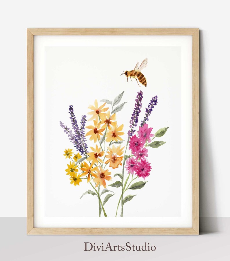 Wildflowers Honey Bee Art Print, Watercolour Honeybee Decor ...