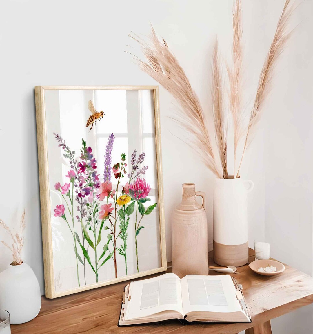 Lavender Wildflowers Bee Art Print, Honeybee Wall Art, Wildflowers Wall ...