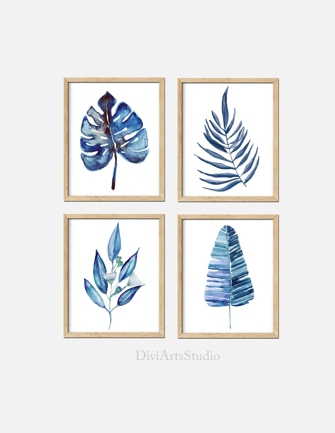 Set of 4 Botanical Prints Navy Blue Wall Art Set Botanical - Etsy