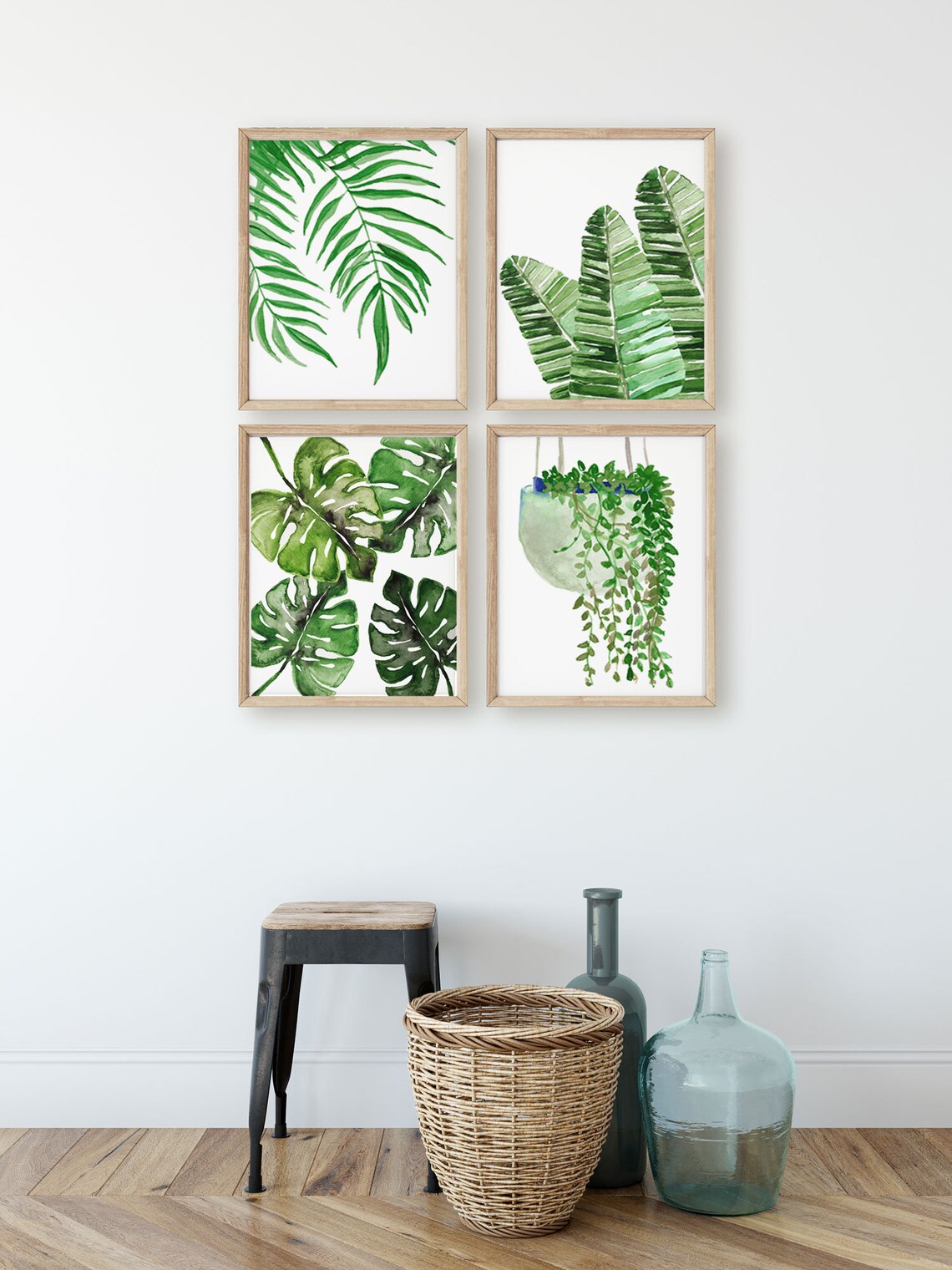Botanical Leaf Print, Set of 4, Watercolor Tropical Leaf Wall Art, Leaf ...