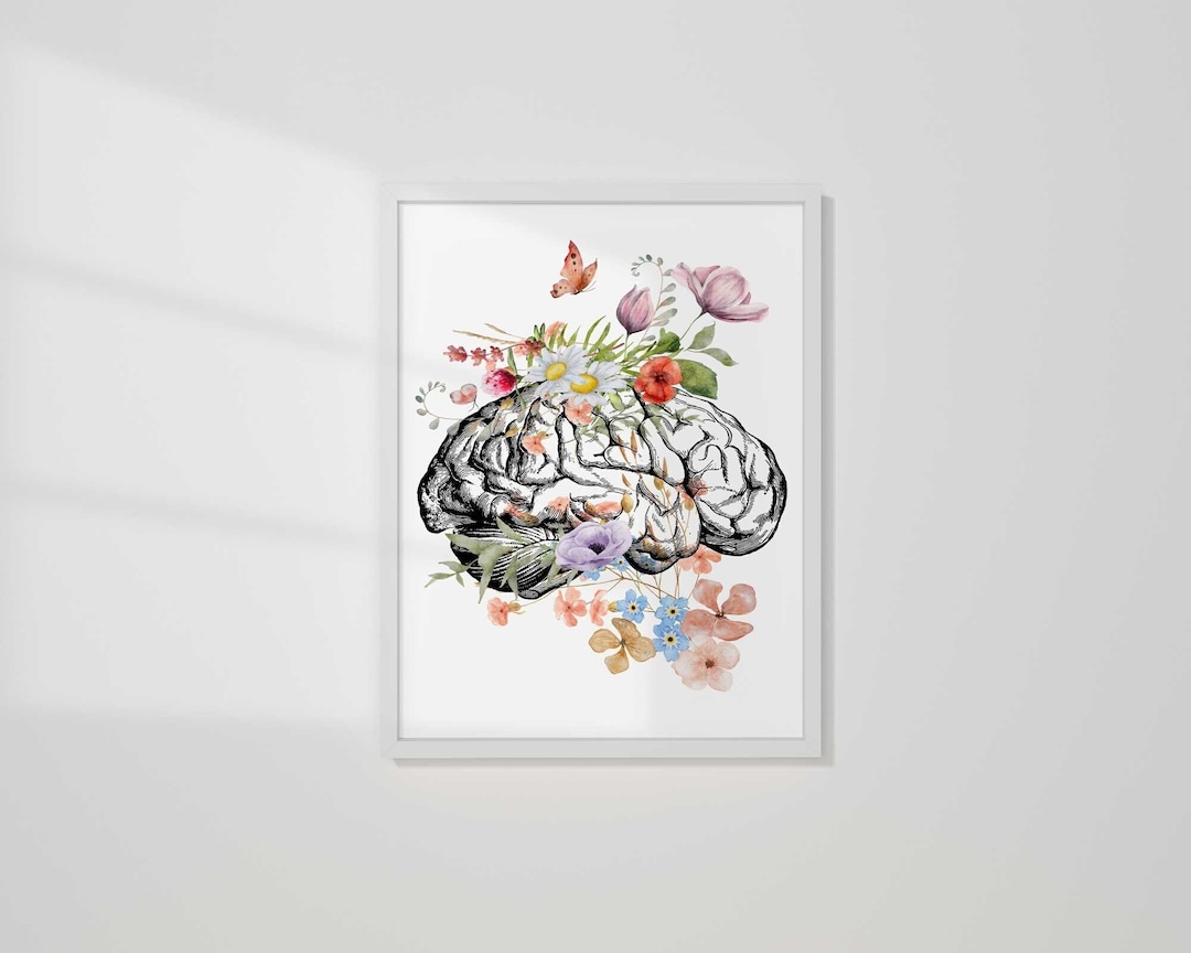 Brain Anatomy Poster, Watercolor Brain Art Flower, Psychology Student ...