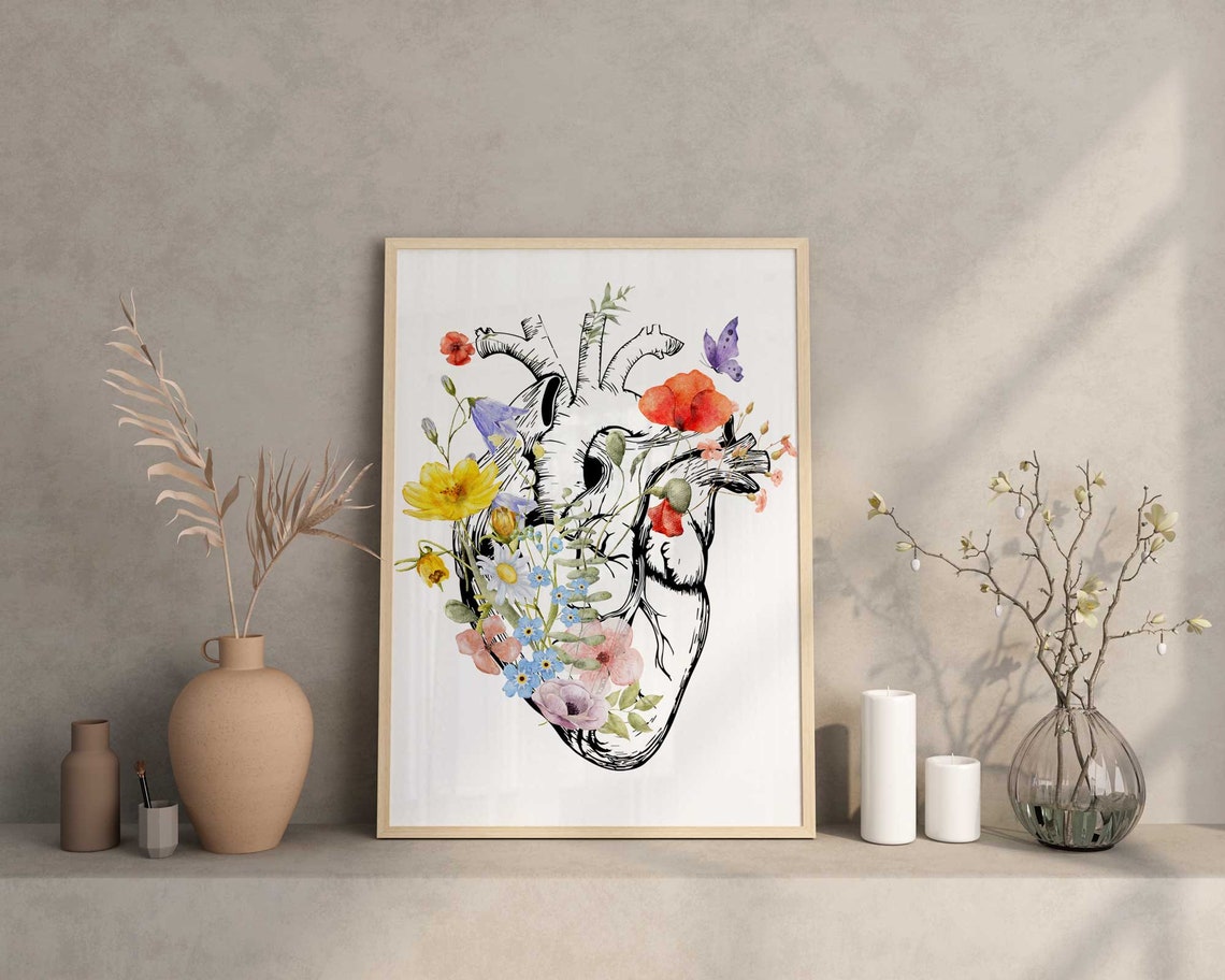 Heart Anatomy Poster Human Heart Print With Flowers Med - Etsy Canada