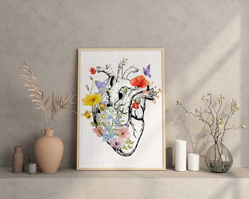 Heart Anatomy Poster, Human Heart Print With Flowers, Med Student Gift ...