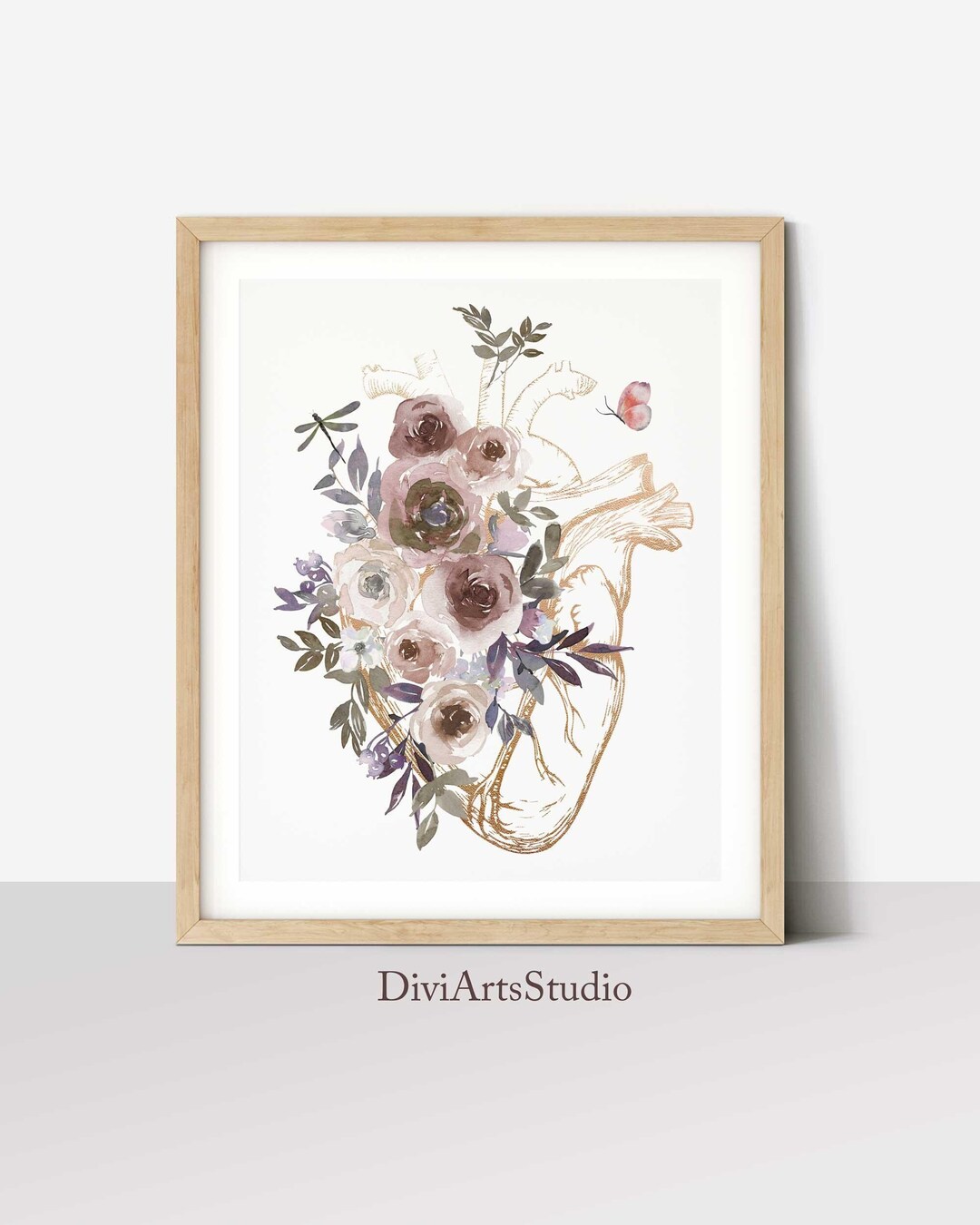 Floral Heart Poster, Gold Anatomical Human Heart Print With Flowers ...