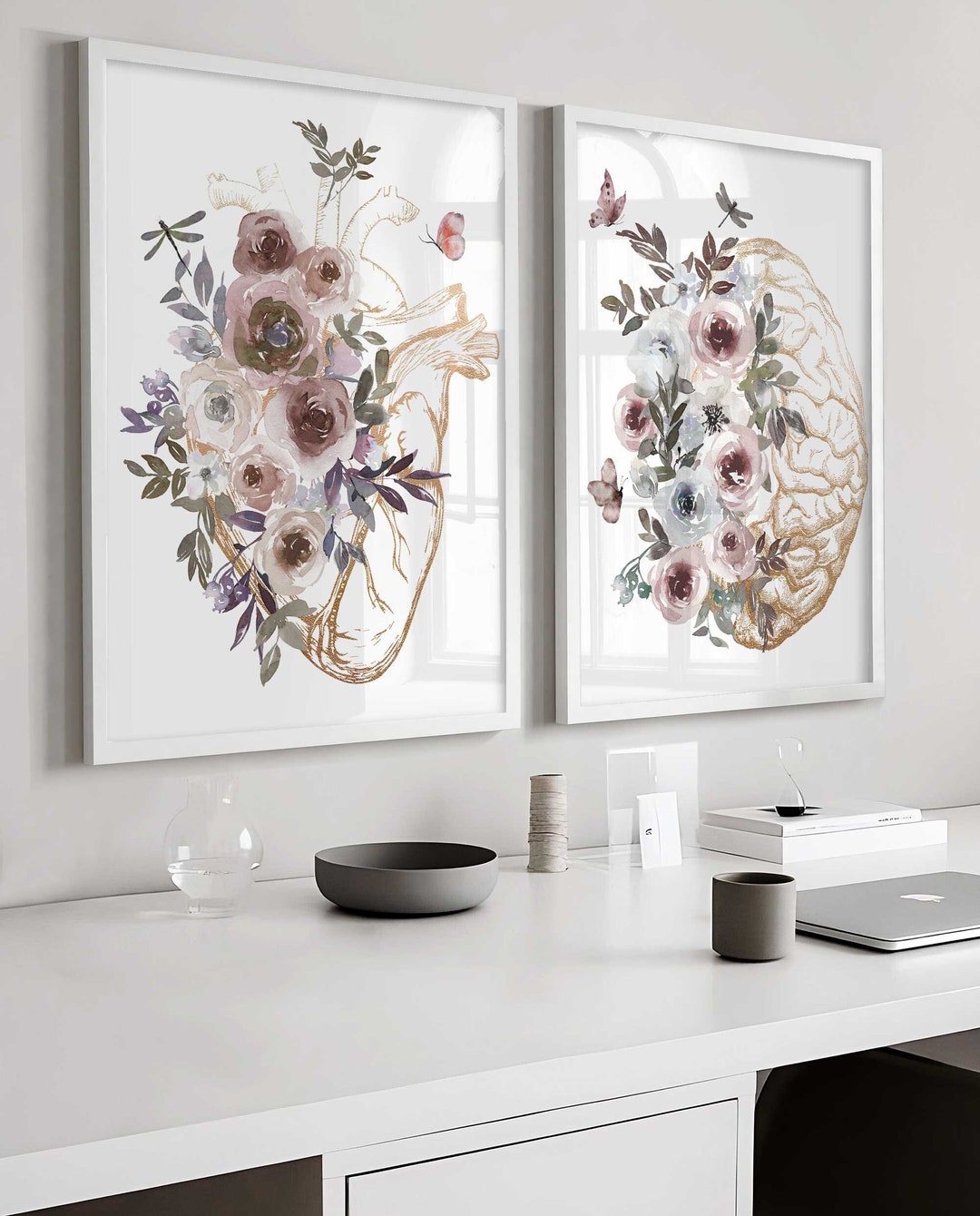 Anatomy Poster, Brain Floral, Gold Heart Print, Set of 2 , Medical ...