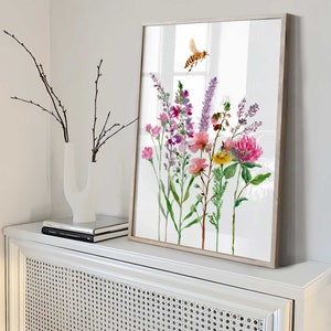 Wildflowers Bee Art Print, Lavender Honeybee Wall Art, Wildflowers Wall ...